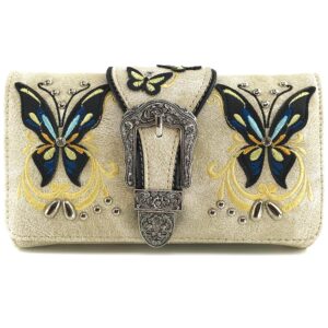 justin west floral embroidery butterfly rhinestone buckle stud conceal carry handbag purse (blue handbag only)