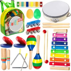 stoie's kids musical instruments set 19 pcs for toddler ages 3-5 - baby wooden percussion musical toys for little boys & girls 9-12 years old- with xylophone and maracas - to play in first mini band