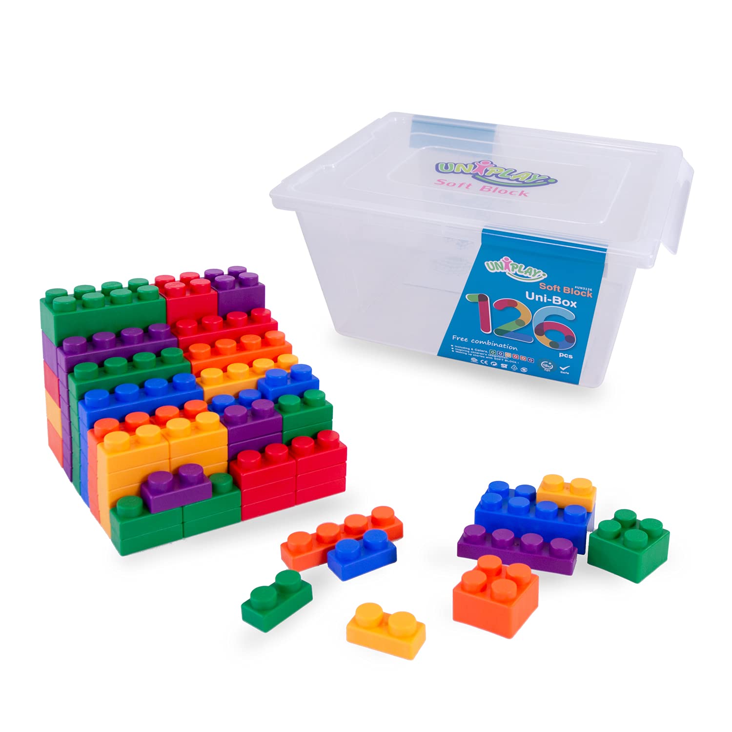 UNiPLAY UNiBOX Soft Building Blocks — Cognitive Development, Chewing Sensory, Toy Learning Stackable Blocks for Ages 3 Months and Up (126-Piece Set)