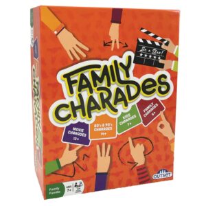 outset media family charades game; 4 games in 1 box. includes movie, 80's 90's, kids, family trivia for 2 or more players, ages 7 and up.