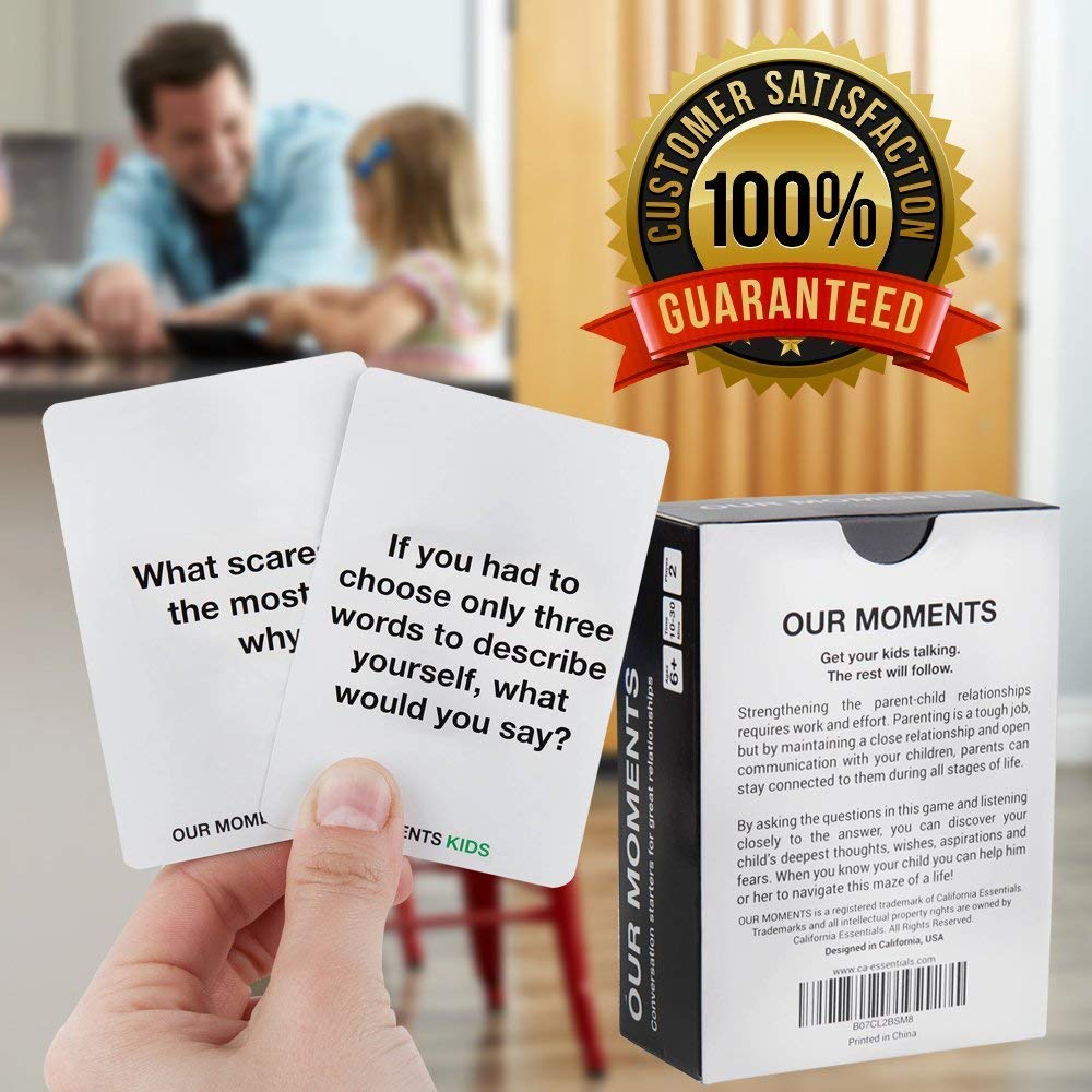 OUR MOMENTS Kids: 100 Conversation Starter Cards for Families and Kids - Relationship Building - Car Travel, Road Trip & Card Game for Healthy Loving Family - Questions for Family Activities