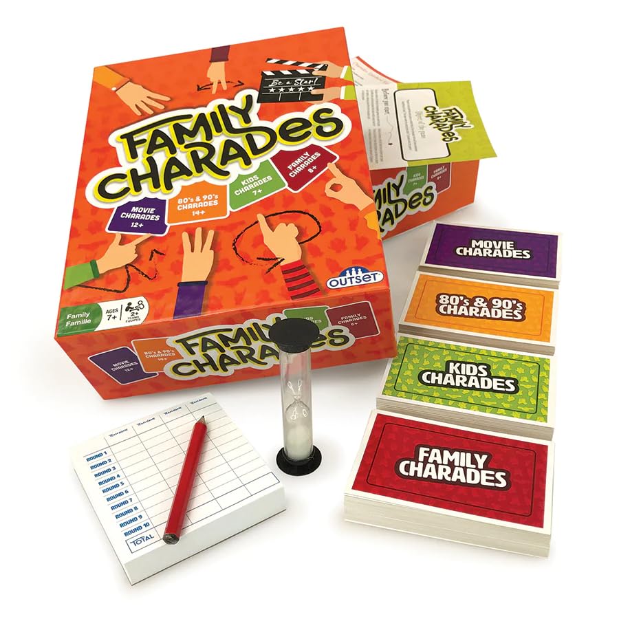 Outset Media Family Charades Game; 4 Games in 1 Box. Includes Movie, 80's 90's, Kids, Family Trivia for 2 or More Players, Ages 7 and up.