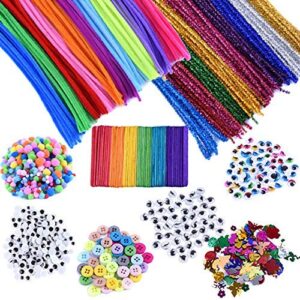 epiqueone 1090-piece kids art & craft supplies set - chenille pipe cleaners, pom poms, googly eyes, craft sticks, buttons, and sequins - perfect for school projects, diy hobbies, and creative play