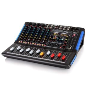 pyle 8-channel bluetooth studio audio mixer - dj sound controller interface w/ usb drive for pc recording input, xlr microphone jack, 48v power, rca input/output for professional & beginners