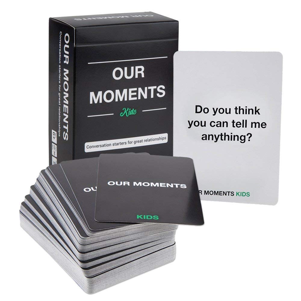 OUR MOMENTS Kids: 100 Conversation Starter Cards for Families and Kids - Relationship Building - Car Travel, Road Trip & Card Game for Healthy Loving Family - Questions for Family Activities