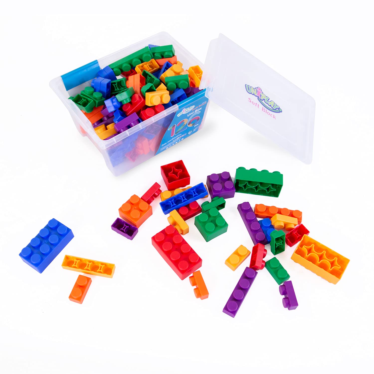 UNiPLAY UNiBOX Soft Building Blocks — Cognitive Development, Chewing Sensory, Toy Learning Stackable Blocks for Ages 3 Months and Up (126-Piece Set)