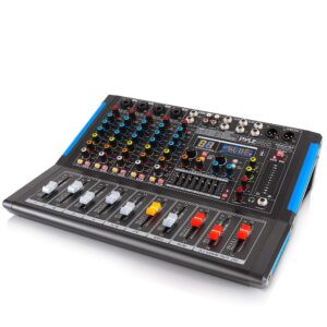 pyle 6-channel bluetooth studio audio mixer - dj sound controller interface with usb drive for pc recording input, xlr microphone jack, 48v power, i/o for professional and beginners - pmxu67bt