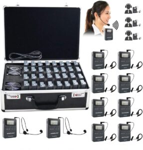 exmax wireless tour guide/monitoring audio system with 32-slot charge case for tour guide,tourism,conference,training,church,outdoor scenic spots(2 transmitters 30 receivers with 32-slot charge case)