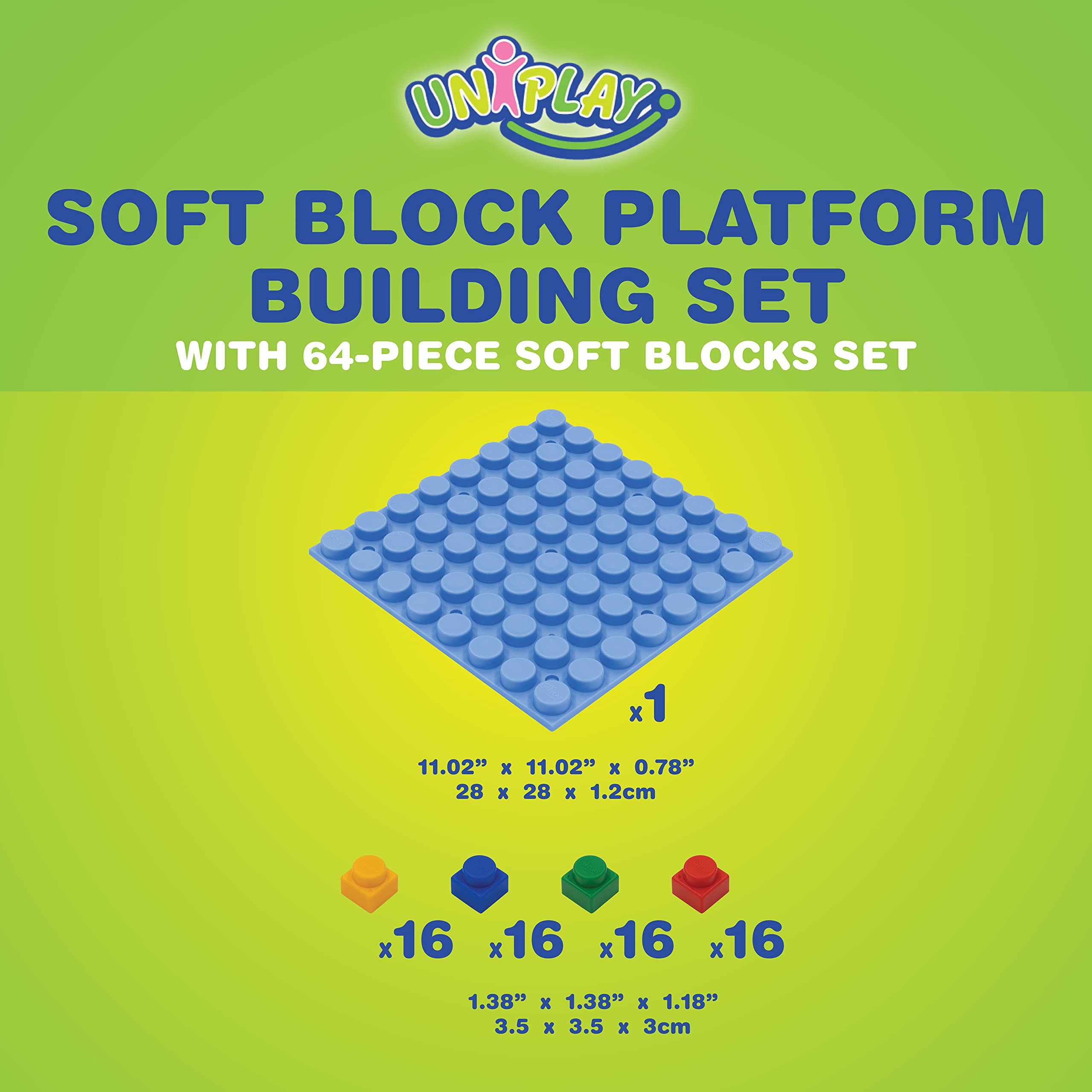 UNiPLAY Platform Soft Building Blocks — Educational Sensory Stacking Blocks, Learning Toy with 11 x 11 Inch Base Plate for Ages 3 Months and Up (64-Piece Set)