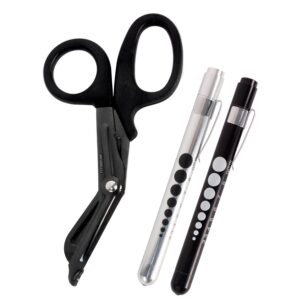 meditac titanium-bonded emt trauma shears – 7 ¼” black medical bandage scissors with led pen light two pack - autoclavable (black & silver)