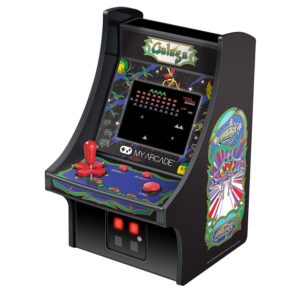 my arcade micro player mini arcade machine: galaga video game, fully playable, 6.75 inch collectible, color display, speaker, volume buttons, headphone jack, battery or micro usb powered