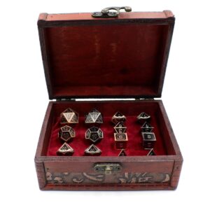 two metal dice role playing sets with storage chest for tabletop games