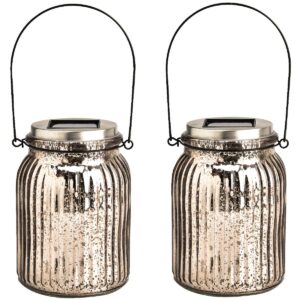 gigalumi solar powered mercury glass mason jar lights, 2 pack hanging solar laterns table lights for garden, patio, backyard.(ideal gift)