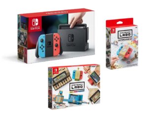 nintendo labo variety kit, customization set, and nintendo switch console with neon joy con bundle