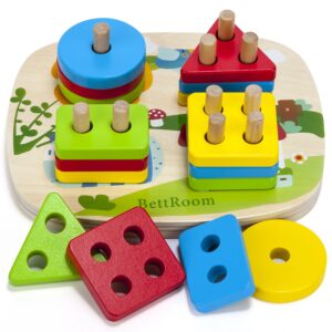 bettroom toddler toys for 3 4-5 6 year old boys girls wooden educational preschool shape color recognition geometric board blocks stacking sort kids children baby non-toxic