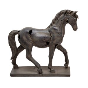 cracked horse sculpture - contemporary rustic western decorative home art display on stand - brown polyresin decor statue for home or office