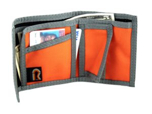 california bifold nylon wallet w/inside pocket. hook & loop closures. usa made (orange w/foliage trim)