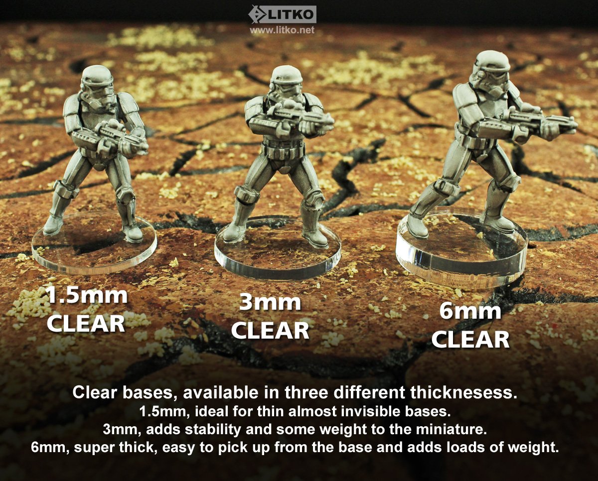 LITKO 50mm Circular | Round Notched Base | Compatible with Star Wars: Legion | Clear | (1.5mm Clear Acrylic)