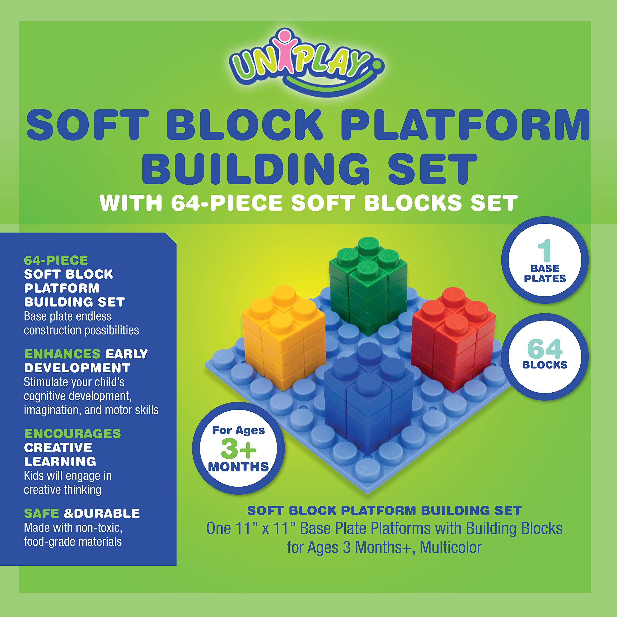 UNiPLAY Platform Soft Building Blocks — Educational Sensory Stacking Blocks, Learning Toy with 11 x 11 Inch Base Plate for Ages 3 Months and Up (64-Piece Set)