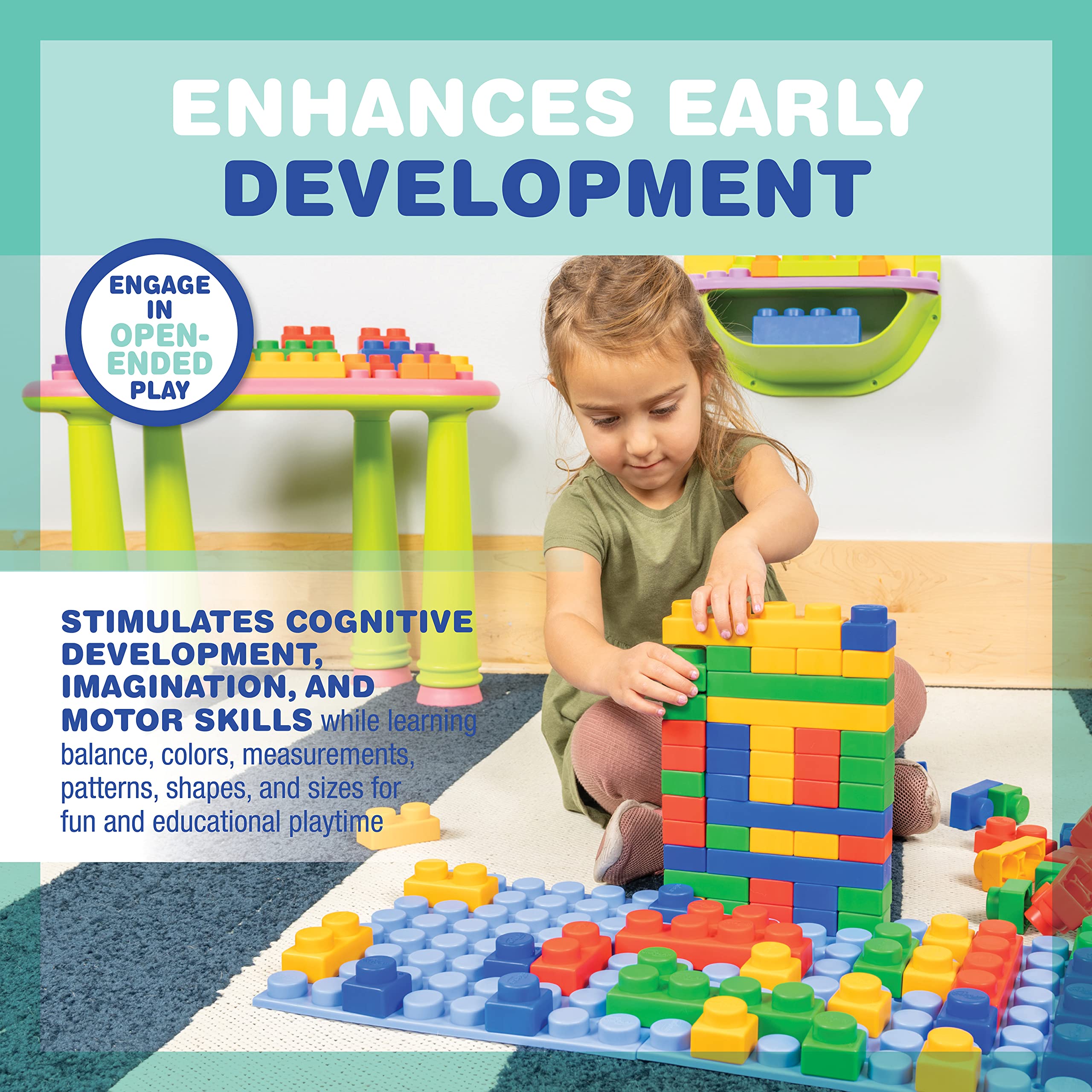 UNiPLAY Platform Soft Building Blocks — Educational Sensory Stacking Blocks, Learning Toy with 11 x 11 Inch Base Plate for Ages 3 Months and Up (64-Piece Set)