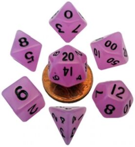 glow in the dark purple 10mm mini polyhedral dice set