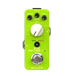 mooer mod factory mkii with 11 different modulation effects, chorus, flange, tremolo, phase, low-bit, ring modulator, real-time tap tempo, acceleration function