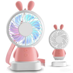 alibuy mini handheld table fan usb rechargeable quiet desk fans,battery operated 2 speeds with led colorful lights for hot summer (pink)