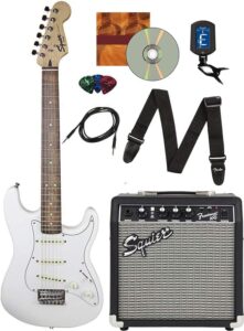 fender squier 24-inch short scale strat pack - transparent red bundle with frontman 10g amplifier, tuner, instrument cable, strap, picks, online lessons, and austin bazaar instructional dvd