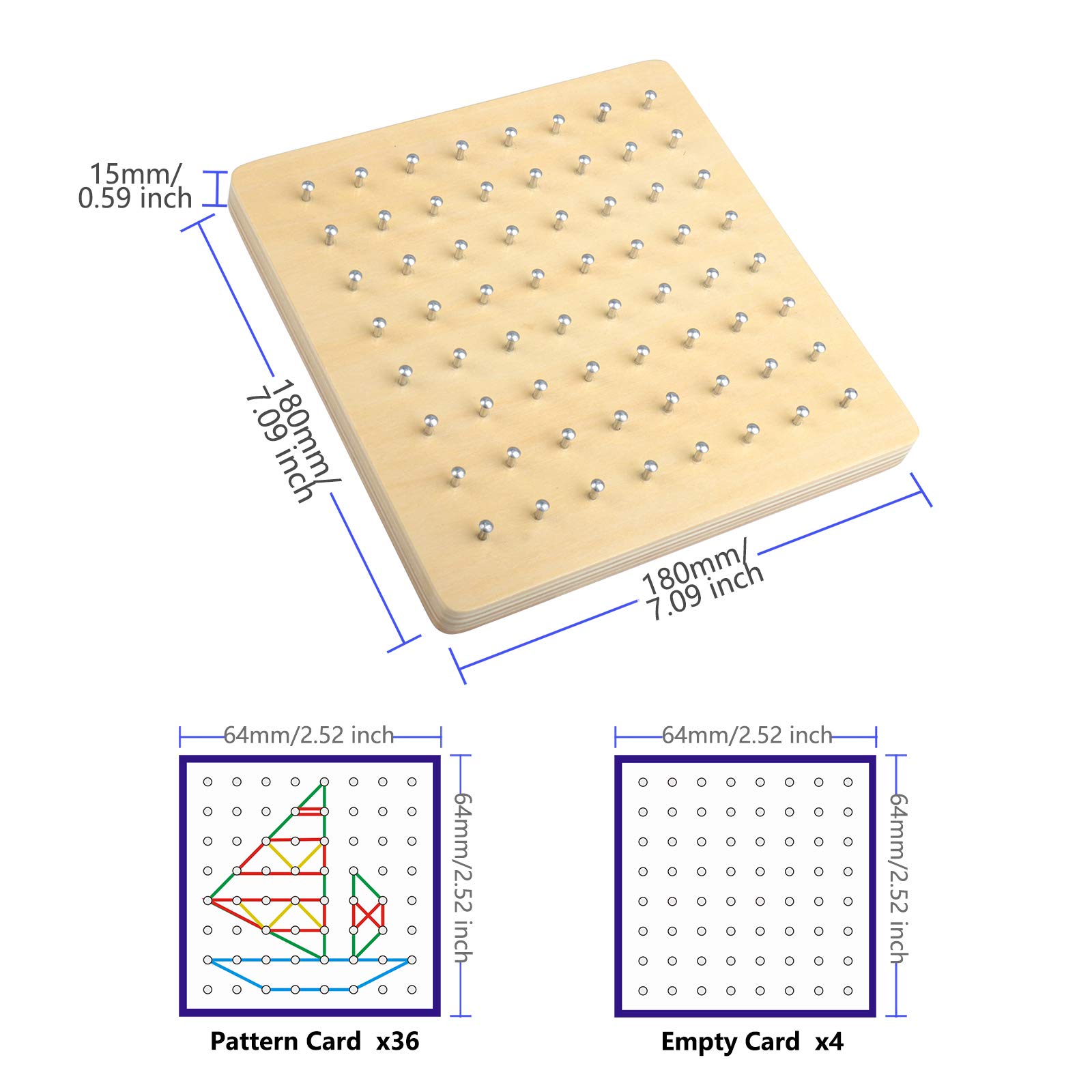 Thoth Montessori Wooden Geoboard Mathematical Manipulative Material Array Block Geo board with 36Pcs Pattern Cards and Rubber Bands Matrix 8x8 for Kids Graphical Educational Toys Early Development Toy