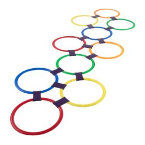 hey! play! hopscotch ring game-10 multi-colored plastic rings and 15 connectors for indoor or outdoor use-fun creative play set for girls and boys