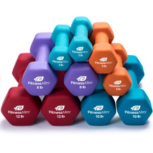 fitness alley neoprene dumbbell 5 pairs 3lb, 5 lb, 8lb, 10lb, 12lb dumbbells coated for non slip grip - hex dumbbells weight set - neoprene hand weight pairs - hex hand weights neoprene dumbbells