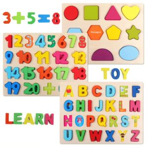 qzmtoy wooden puzzles for toddlers, wooden alphabet number shape puzzles toddler learning puzzle toys for kids, 3 in 1 puzzle for toddlers, age 3+ (set of 3)