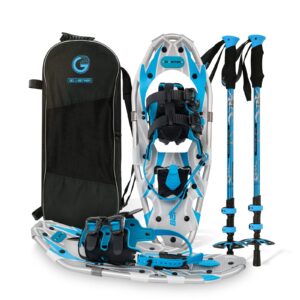 g2 21 inches blue light weight snowshoes for women men youth, set with trekking poles, tote bag, special eva padded ratchet binding, heel lift, toe box