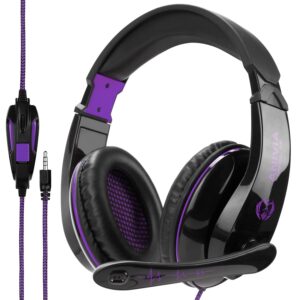 stereo gaming headset ps4 xbox one x, anivia a9s wired over ear headphone with mic for pc mac laptop mobile ipad nintendo switch games(black purple)