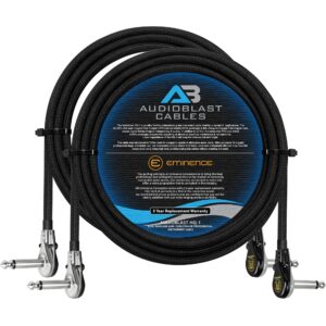 2 units - 4 foot - audioblast hq-1-braid(black)-flexible-dual shielded(100%)-instrument effects pedal patch cable w/ ¼ inch (6.35mm) low-profile, r/a pancake type ts connectors & dual staggered boots