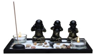 zen garden meditation garden 3 buddha see, speak, hear no evil statues, incense holder, incense, 2 tea light holders, rocks, sand, rake (candles not included)