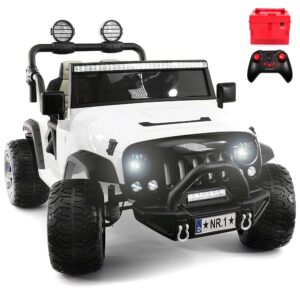 2024 two (2) seater ride on kids car truck w/remote | large 24v power kid car to drive in 3 speeds, battery swap, leather seat, mp3 music by bluetooth, fm radio, rubber wheels in white