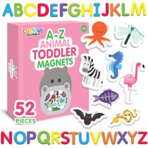 curious columbus animal magnets - 52 toddler magnets for refrigerator - fridge magnets for toddlers play with magnetic letters - abc kid magnet for alphabet learning - kids foam animals a-z activities