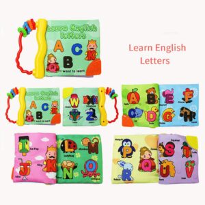 Little Bado Baby 6 Month + Toys Earlyears Tactile and Educational Cloth Soft Book Teether Rings Infant Learning Toy English Letters A B C Squeak Rattle Crinkle Toddler Activity Gift