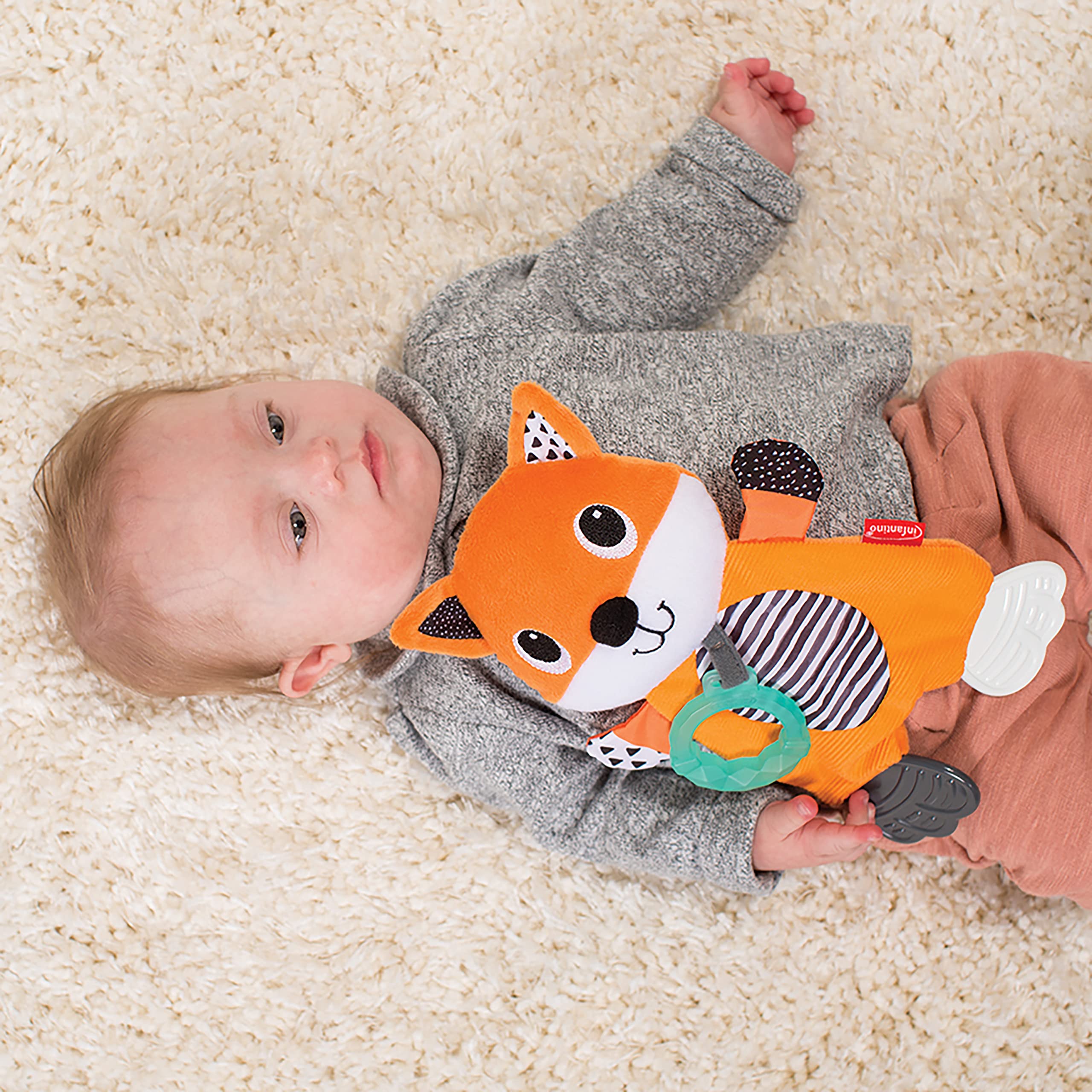 Infantino Cuddly Teether, Fox Character, 3 Textured Teething Places to Soothe Sore Gums, BPA-Free Silicone, Soft Fabric Textures to Explore, Crinkle Sounds to Discover, for Babies 0M+