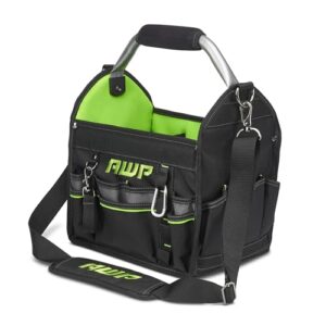 awp 12 inch pro tool tote with rotating handle for easy tool access, water-resistant construction, black/green