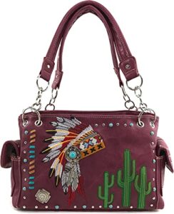 justin west native american chieftain cactus feathers embroidered studded ccw concealed carry shoulder purse handbag (wine red handbag only)