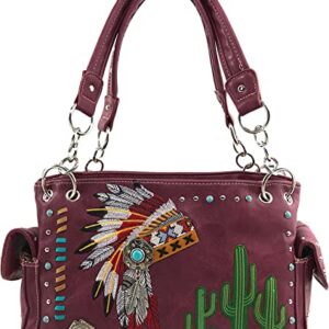 Justin West Native American Chieftain Cactus Feathers Embroidered Studded CCW Concealed Carry Shoulder Purse Handbag (Wine Red Handbag Only)