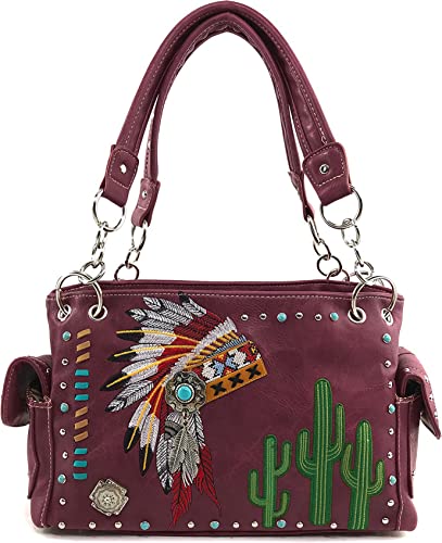 Justin West Native American Chieftain Cactus Feathers Embroidered Studded CCW Concealed Carry Shoulder Purse Handbag (Wine Red Handbag Only)