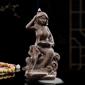 zen garden ceramic mermaid incense holder backflow incense burner incense cones stick holder, ideal for yoga room, home decoration 3.15''x2.76''x6.9''