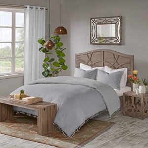 madison park lillian 100% cotton duvet, bohemian fringe tassel trim border shabby chic all season comforter cover bed set with matching shams, king/cal king(104"x92"), grey 3 piece