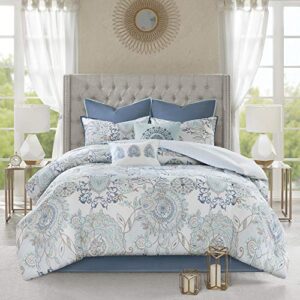 madison park season set, matching bed skirt, decorative-pillows, queen(90"x90"), isla, floral medallion blue 8 piece