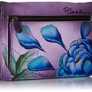 Anna by Anuschka Women's Hand-Painted Genuine Leather Flap Organizer Wallet - Precious Peony Eggplant