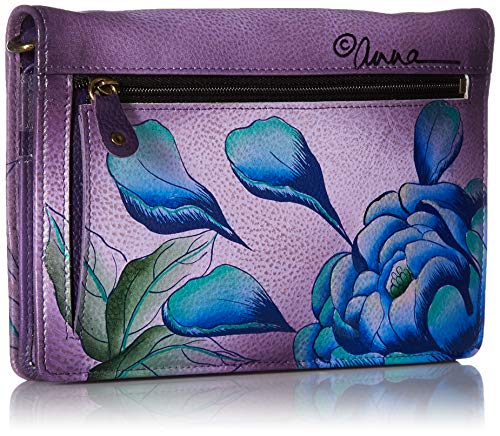 Anna by Anuschka Women's Hand-Painted Genuine Leather Flap Organizer Wallet - Precious Peony Eggplant