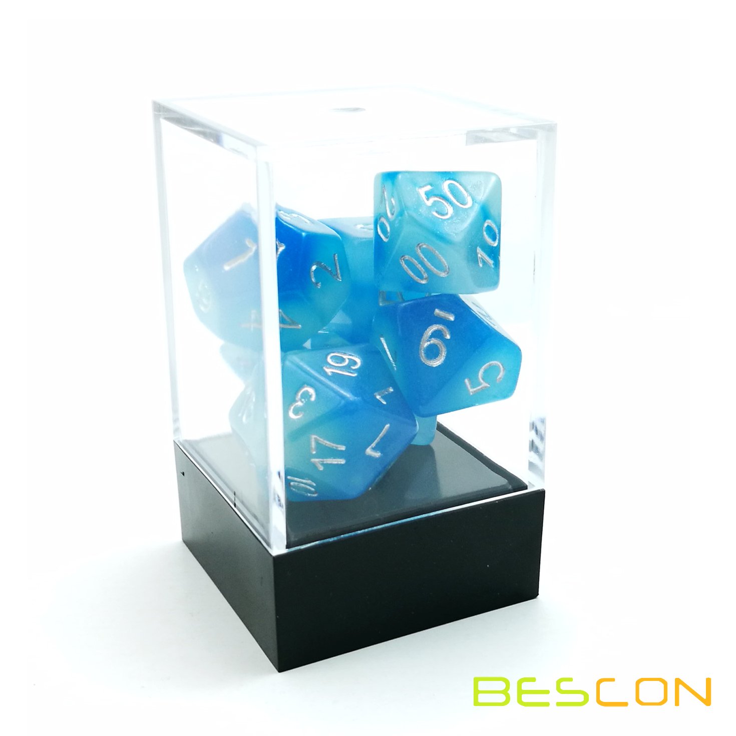 Bescon Gemini Glowing Polyhedral Dice 7pcs Set ICY Rocks, Luminous RPG Dice Set d4 d6 d8 d10 d12 d20 d%, Brick Box Packaging